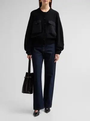 FRAME Contrast Rib-knit Cashmere Cardigan - Black