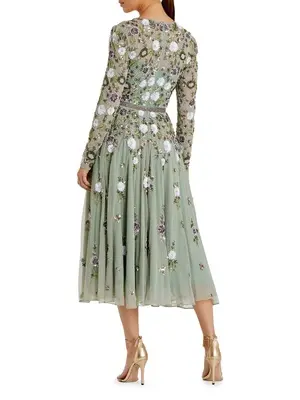 Mac Duggal Cocktail Floral Sequin Chiffon Fit & Flare Midi-dress