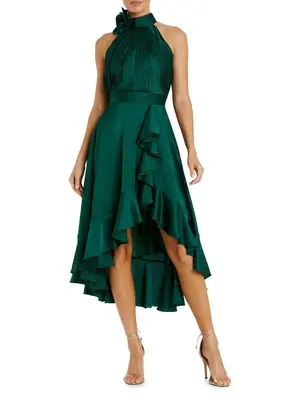 Mac Duggal Cocktail Satin Rosette-detailed Halterneck Dress