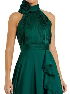 Mac Duggal Cocktail Satin Rosette-detailed Halterneck Dress
