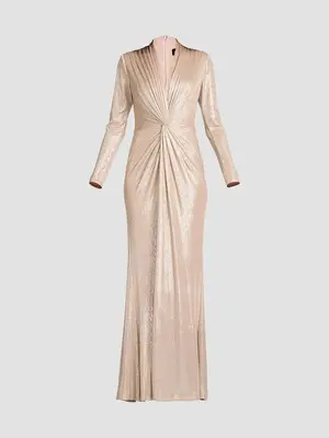 Tadashi Shoji Metallic Jersey Long-sleeve Gown