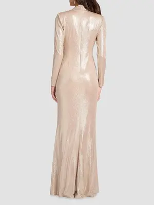 Tadashi Shoji Metallic Jersey Long-sleeve Gown