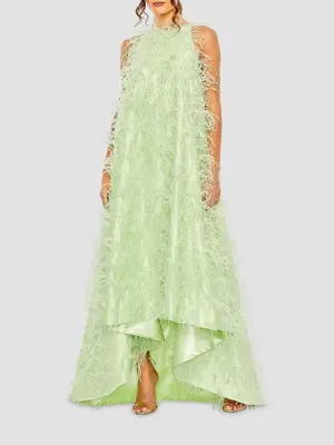 Mac Duggal Feather-embellished Satin High-low Evening Gown