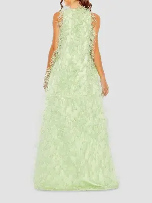 Mac Duggal Feather-embellished Satin High-low Evening Gown