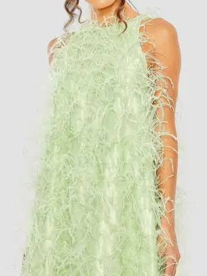 Mac Duggal Feather-embellished Satin High-low Evening Gown