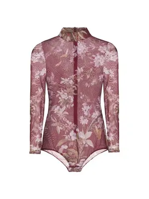 PatBO Delicata Floral Mesh Bodysuit - Dark Red
