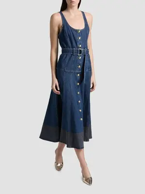 Cinq À Sept Kehlani Denim Belted Midi-dress - Tide