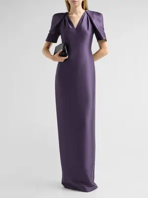 Badgley Mischka Cape-sleeve Mikado Column Gown - Plum