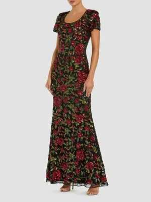 Mac Duggal Sequined Floral Mesh Gown