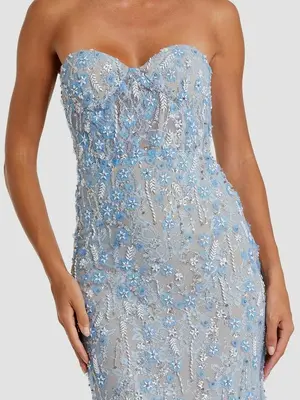 Mac Duggal Embellished Floral Lace Strapless Bustier Gown - Blue