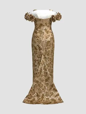 Mac Duggal Brocade 3d Flower Off-the-shoulder Gown