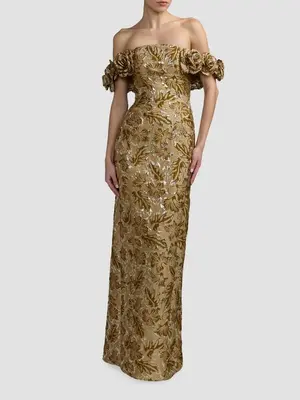 Mac Duggal Brocade 3d Flower Off-the-shoulder Gown