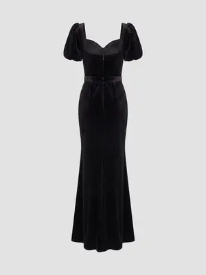 Mac Duggal Puff-sleeve Velvet Mermaid Gown