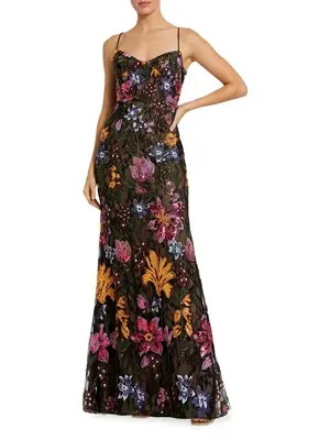 Mac Duggal Embellished Floral Lace Sweetheart Gown - Black Multi