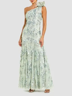 Mac Duggal Evening Embellished Mesh One-shoulder Trumpet Gown - Sage