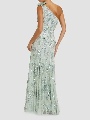 Mac Duggal Evening Embellished Mesh One-shoulder Trumpet Gown