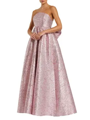 Mac Duggal Evening Metallic Brocade Bow Strapless Gown - Raspberry