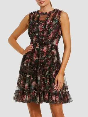 Mac Duggal Floral Micro Ruffle Minidress Black Multi