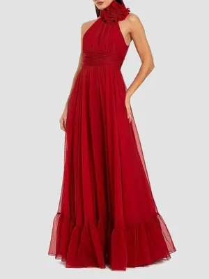 Mac Duggal Sleeveless Floral Chiffon Gown - Deep Red