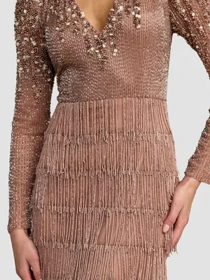 Mac Duggal Beaded Fringe V-neck Column Gown