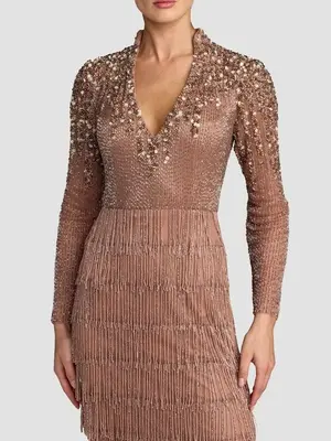 Mac Duggal Beaded Fringe V-neck Column Gown