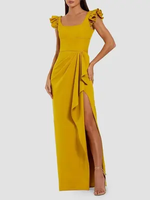 Mac Duggal Ruffled Crepe Column Gown - Chartreuse