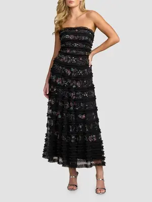 Mac Duggal Floral Ruffled Mesh Strapless Midi Dress