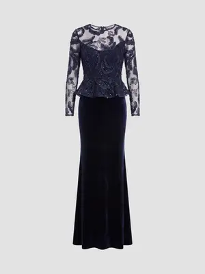 Mac Duggal Embroidered Peplum Velvet Gown - Midnight