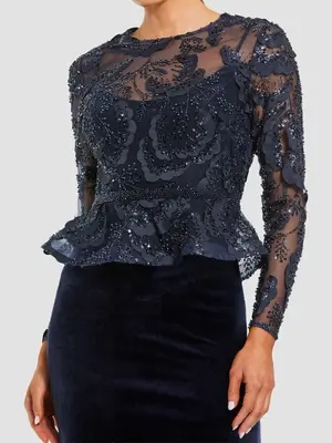 Mac Duggal Embroidered Peplum Velvet Gown