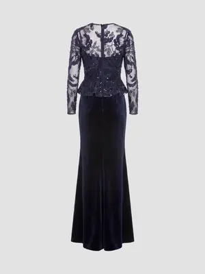 Mac Duggal Embroidered Peplum Velvet Gown