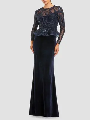 Mac Duggal Embroidered Peplum Velvet Gown