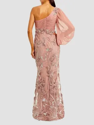 Mac Duggal One-shoulder Embroidered Chiffon Trumpet Gown