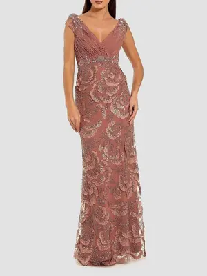 Mac Duggal Floral-beaded Chiffon V-neck Gown - Rose