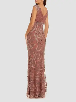 Mac Duggal Floral-beaded Chiffon V-neck Gown