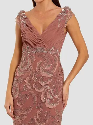 Mac Duggal Floral-beaded Chiffon V-neck Gown