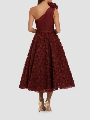 Mac Duggal One-shoulder 3d Flower Tea-length Dress