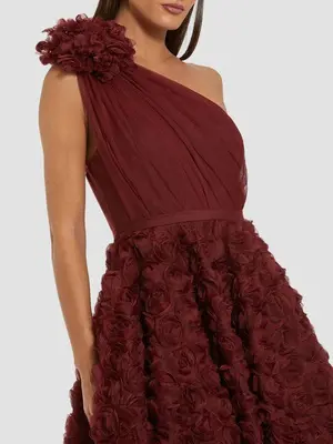 Mac Duggal One-shoulder 3d Flower Tea-length Dress