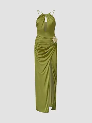 Halston Elin Embellished Jersey Halterneck Gown - Army