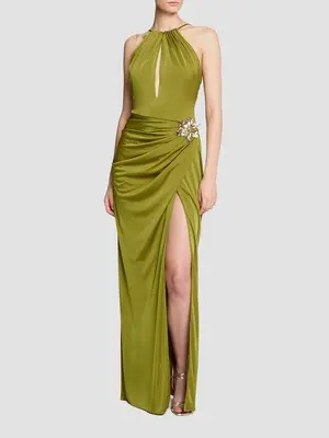 Halston Elin Embellished Jersey Halterneck Gown