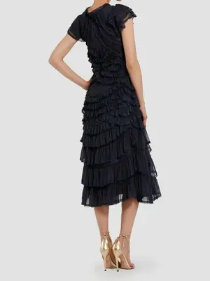 Mac Duggal High Neck Mesh Ruffle Midi-dress