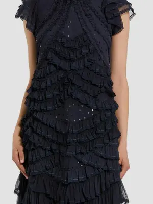 Mac Duggal High Neck Mesh Ruffle Midi-dress