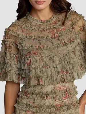Mac Duggal Floral Ruffled Mesh Cape Midi-dress
