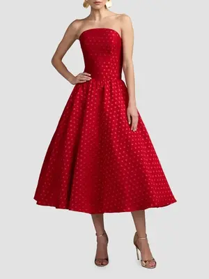 Mac Duggal Polka Dot Brocade Strapless Midi Dress