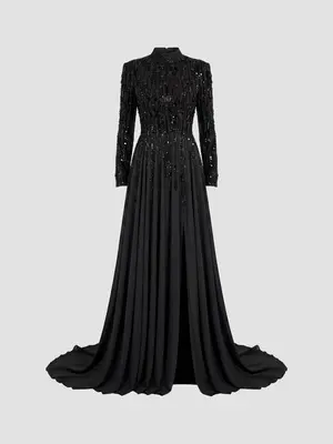 Mac Duggal Evening Embellished Satin Gown - Black