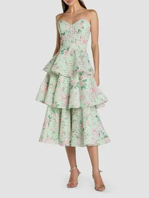 Mac Duggal Floral Net Tiered Strapless Midi-dress - Mint Multi