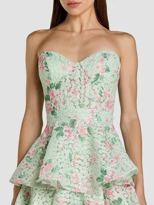 Mac Duggal Floral Net Tiered Strapless Midi-dress