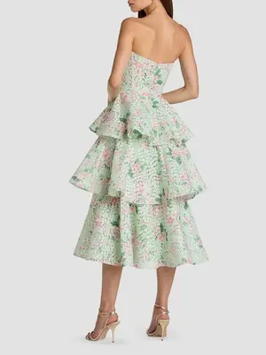 Mac Duggal Floral Net Tiered Strapless Midi-dress