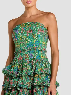 Mac Duggal Floral Ruffled Strapless Midi-dress