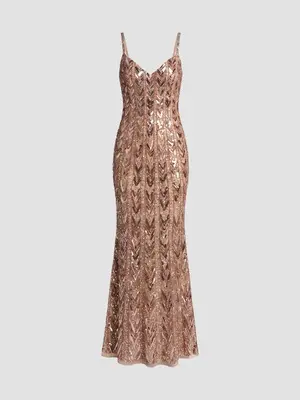 Mac Duggal Embellished Mesh Column Gown - Beige