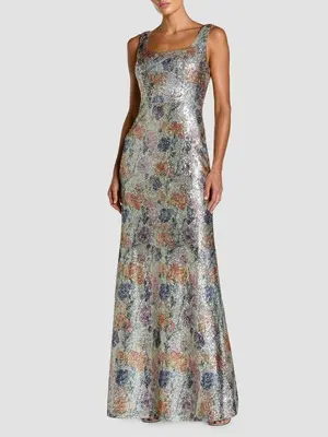 Mac Duggal Floral Sequined Sleeveless Metallic Gown - Silver Multi